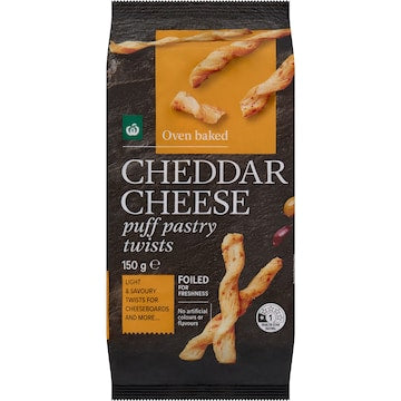 Woolworths Cheddar Cheese Puff Pastry Twist Crackers 150g - GimmeNow